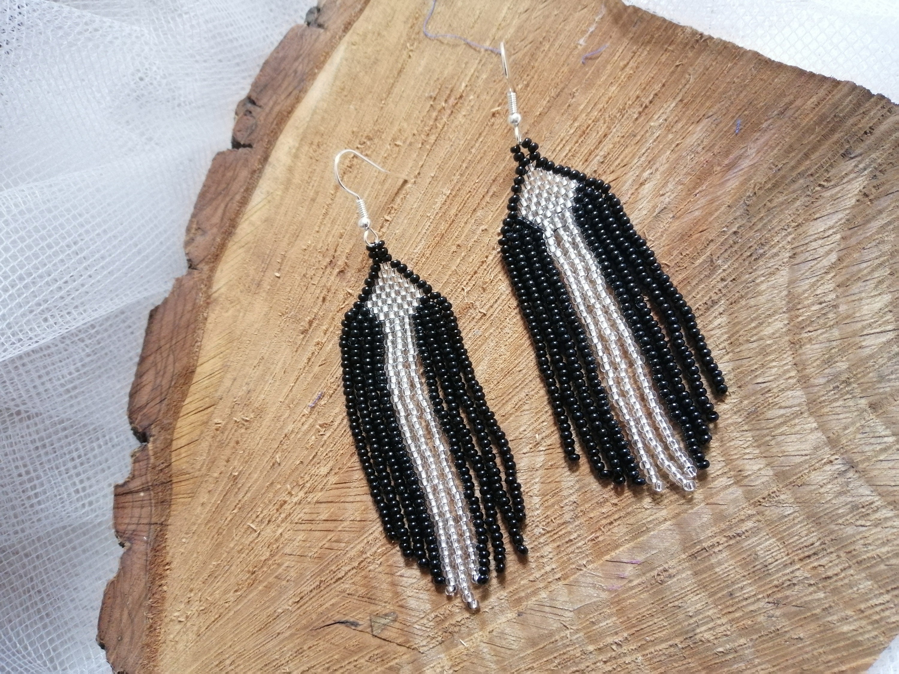Black and Silver Bead Earrings, Geometric, Long Ombre Earrings, Beaded ...