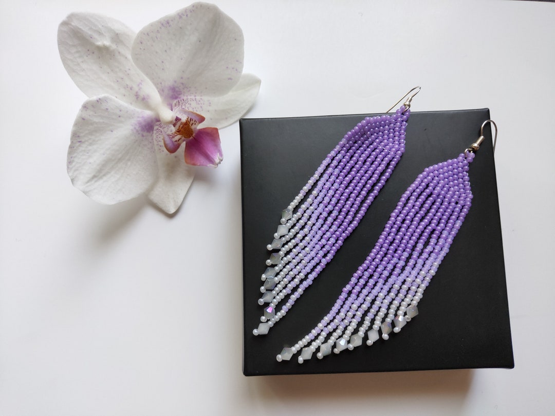 Purple and White Bead Earrings, Angel Wings Long Seed Gradient, Long ...