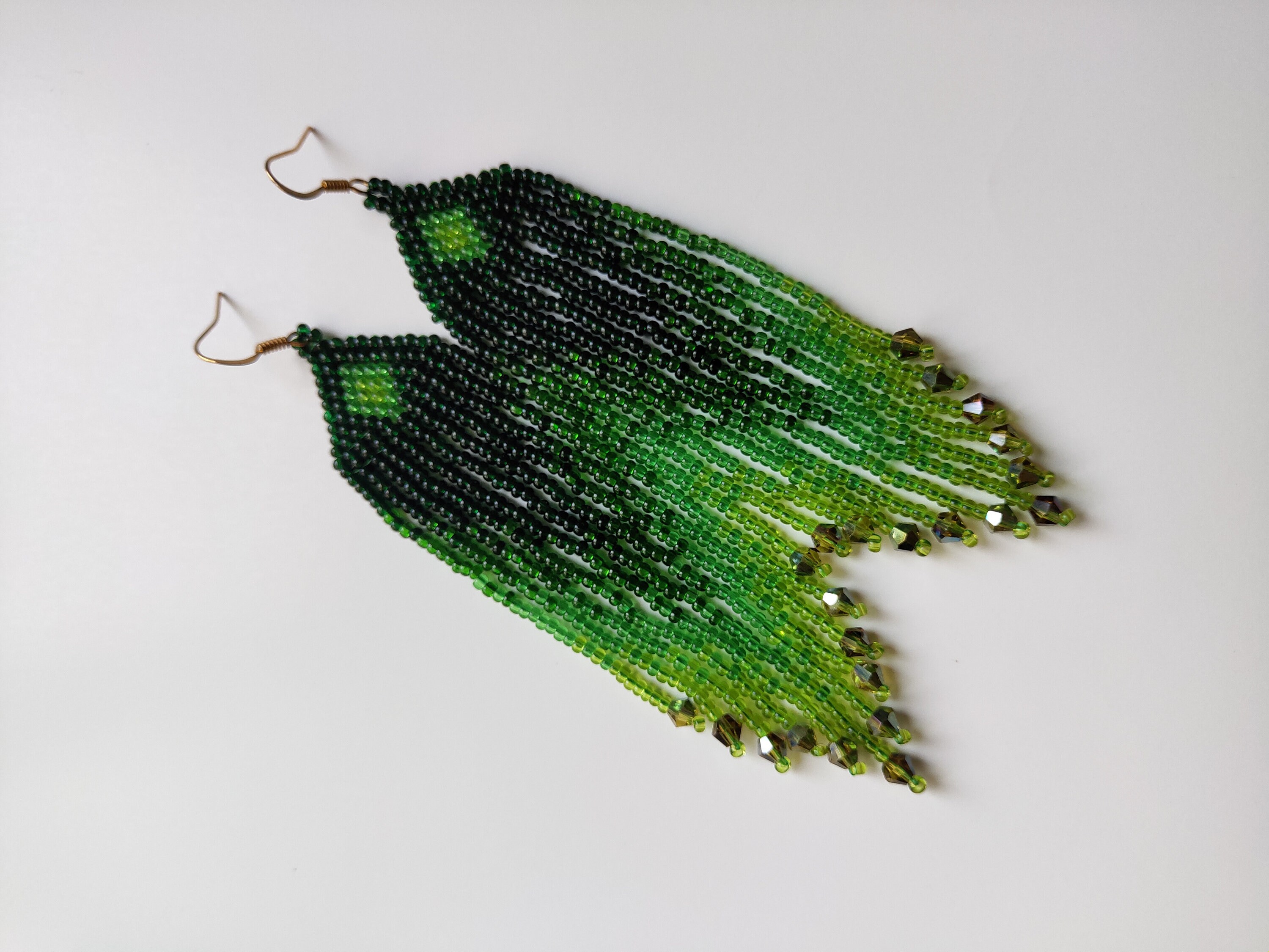 Green Bead Earrings, Long Seed Gradient, Long Ombre Earrings, Beaded ...