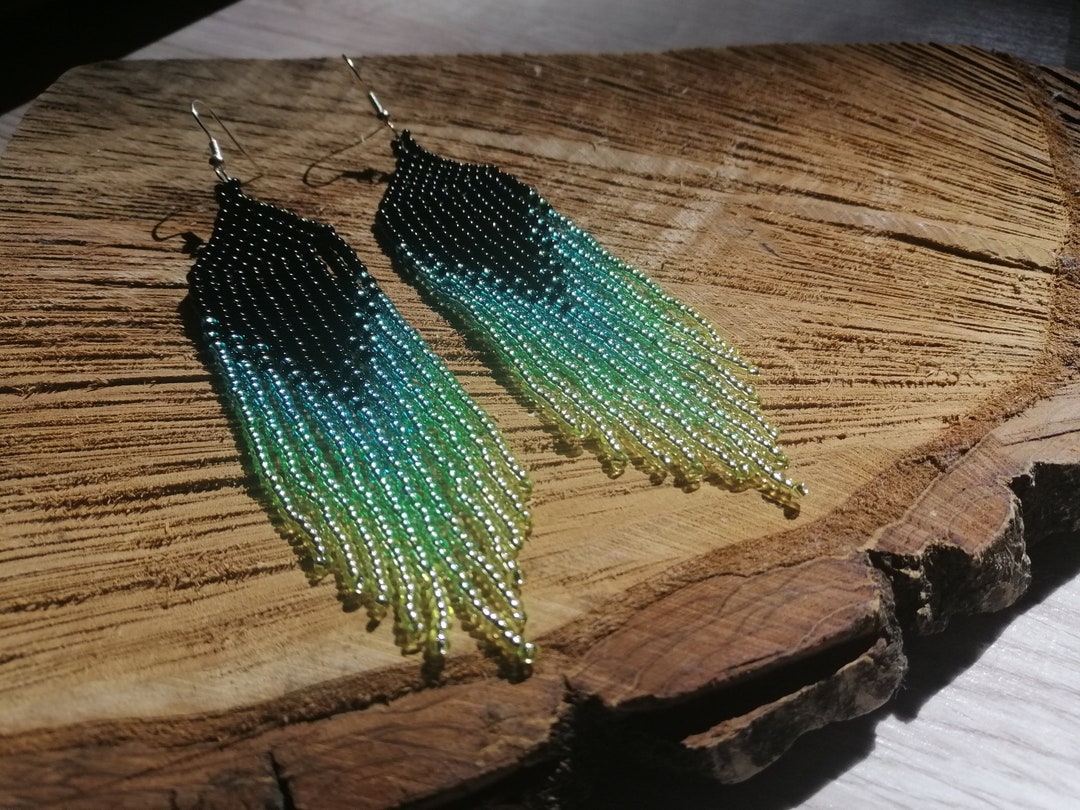 Ombre Bead Earrings, Long Seed Gradient, Long Ombre Earrings, Beaded ...