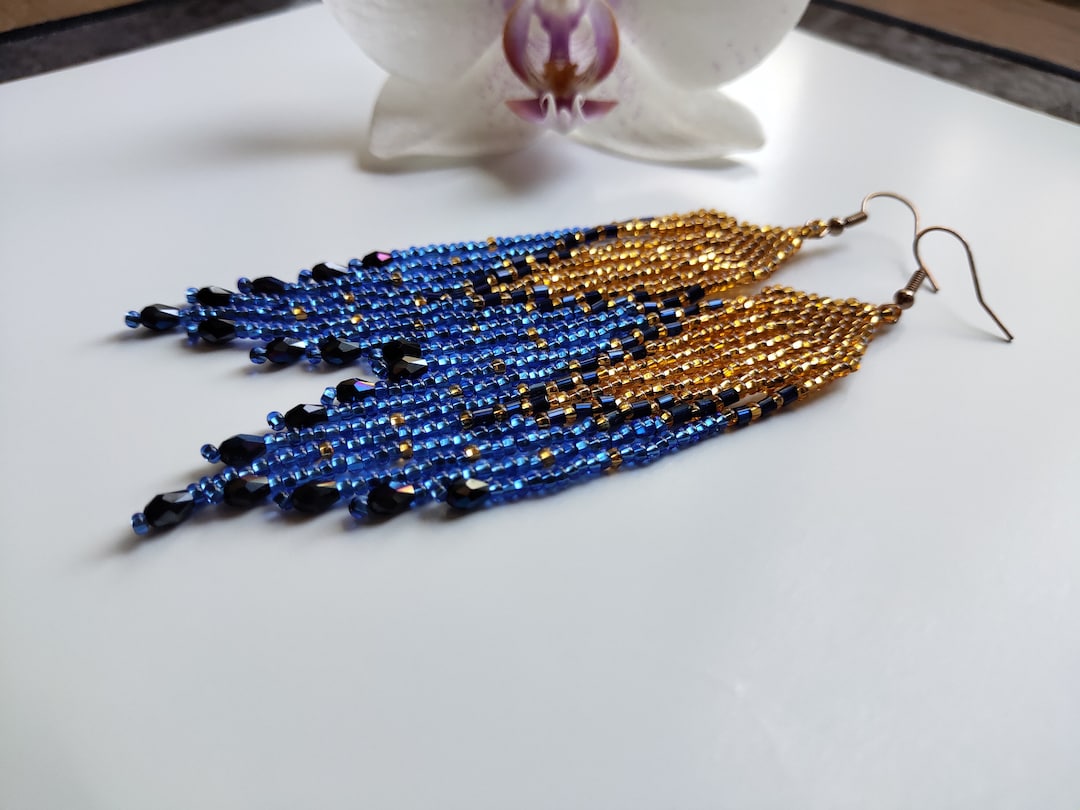 Blue and Gold Tassel Earrings, Long Seed Gradient, Long Ombre Earrings ...