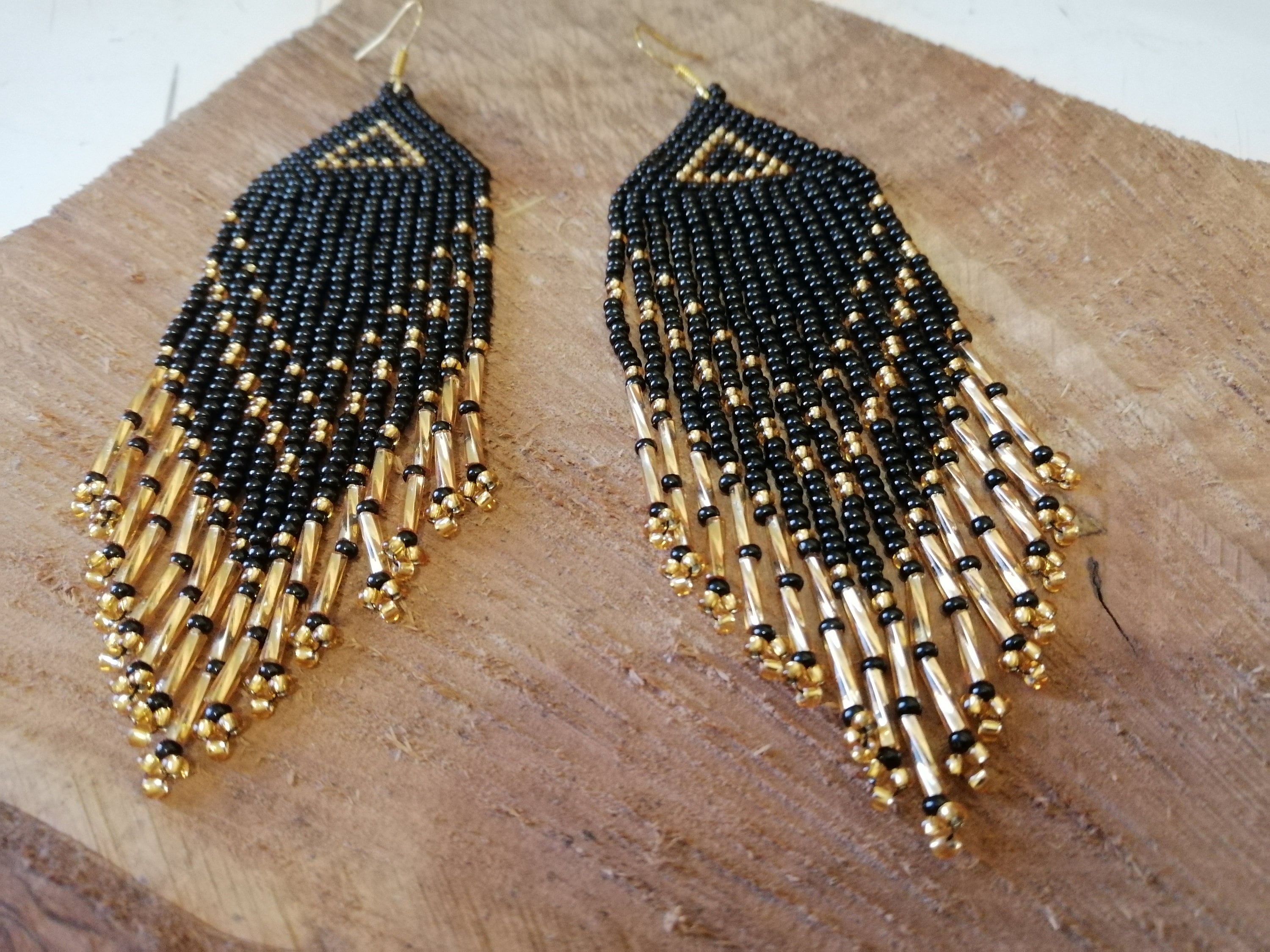 Black and Gold Bead Earrings, Long Seed Gradient, Geometric Earrings ...