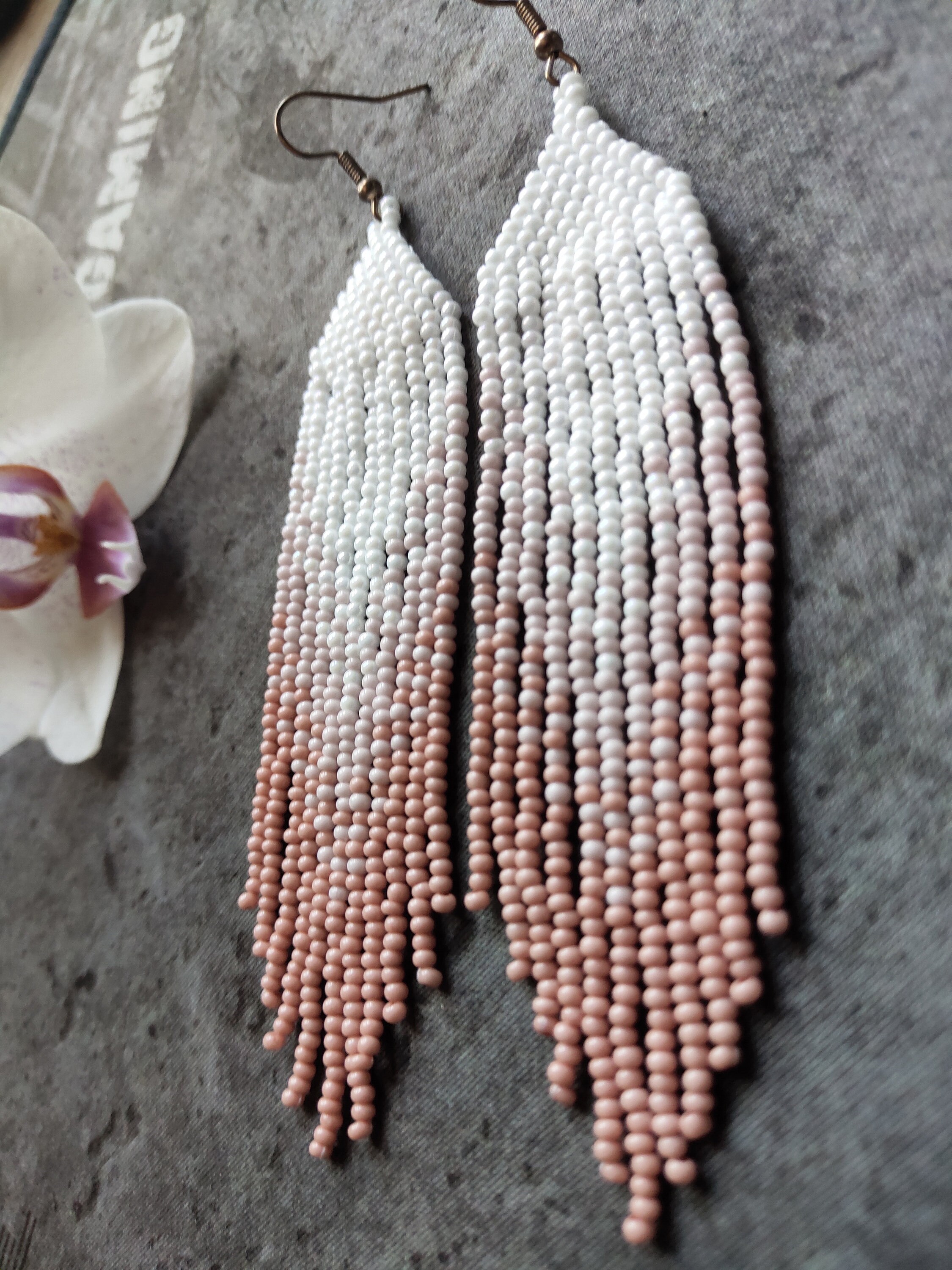 Dusty Rose Bead Earrings White and Ligdh Pink Beaded Fringe - Etsy UK