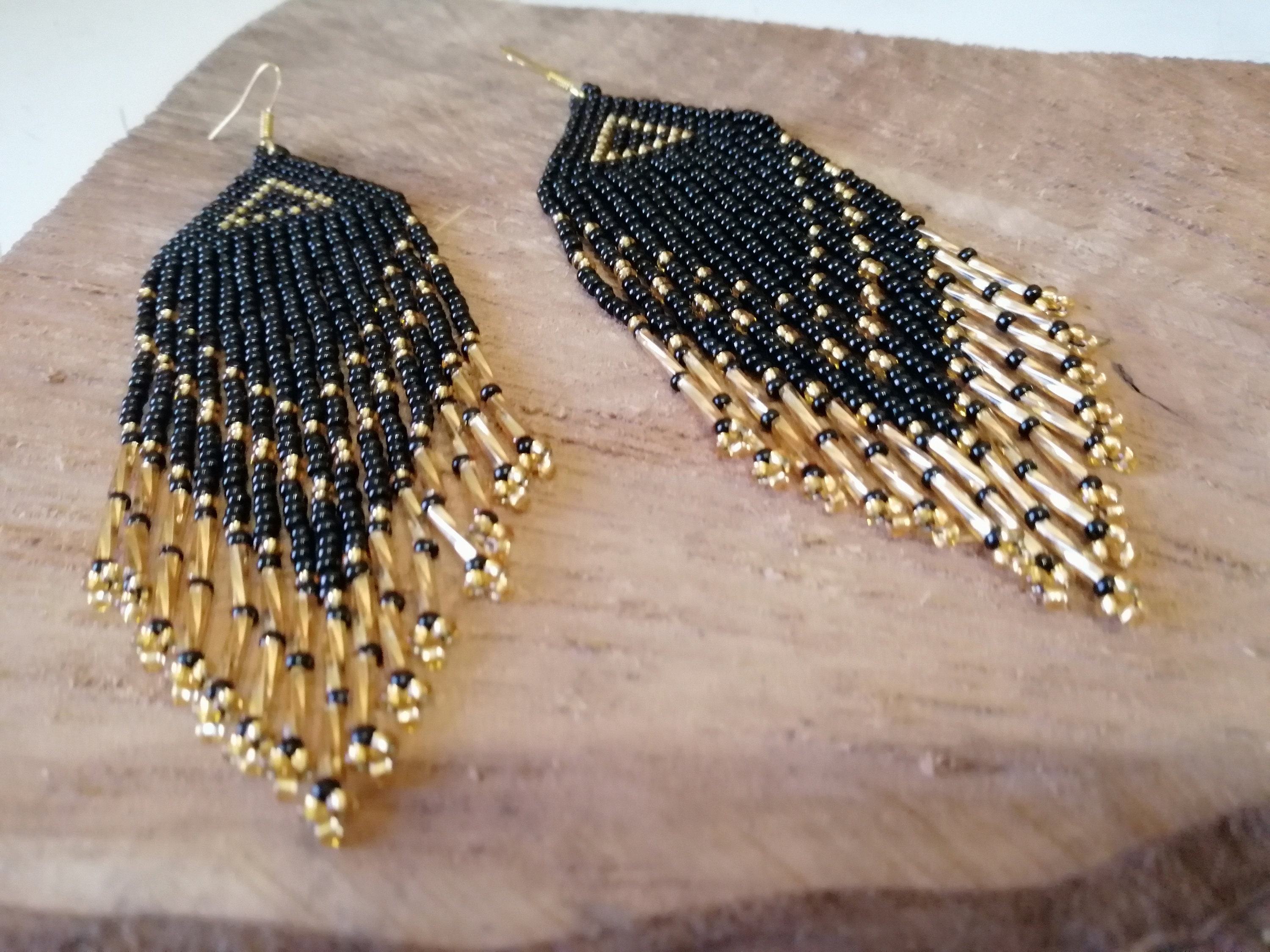 Black and Gold Bead Earrings, Long Seed Gradient, Geometric Earrings ...