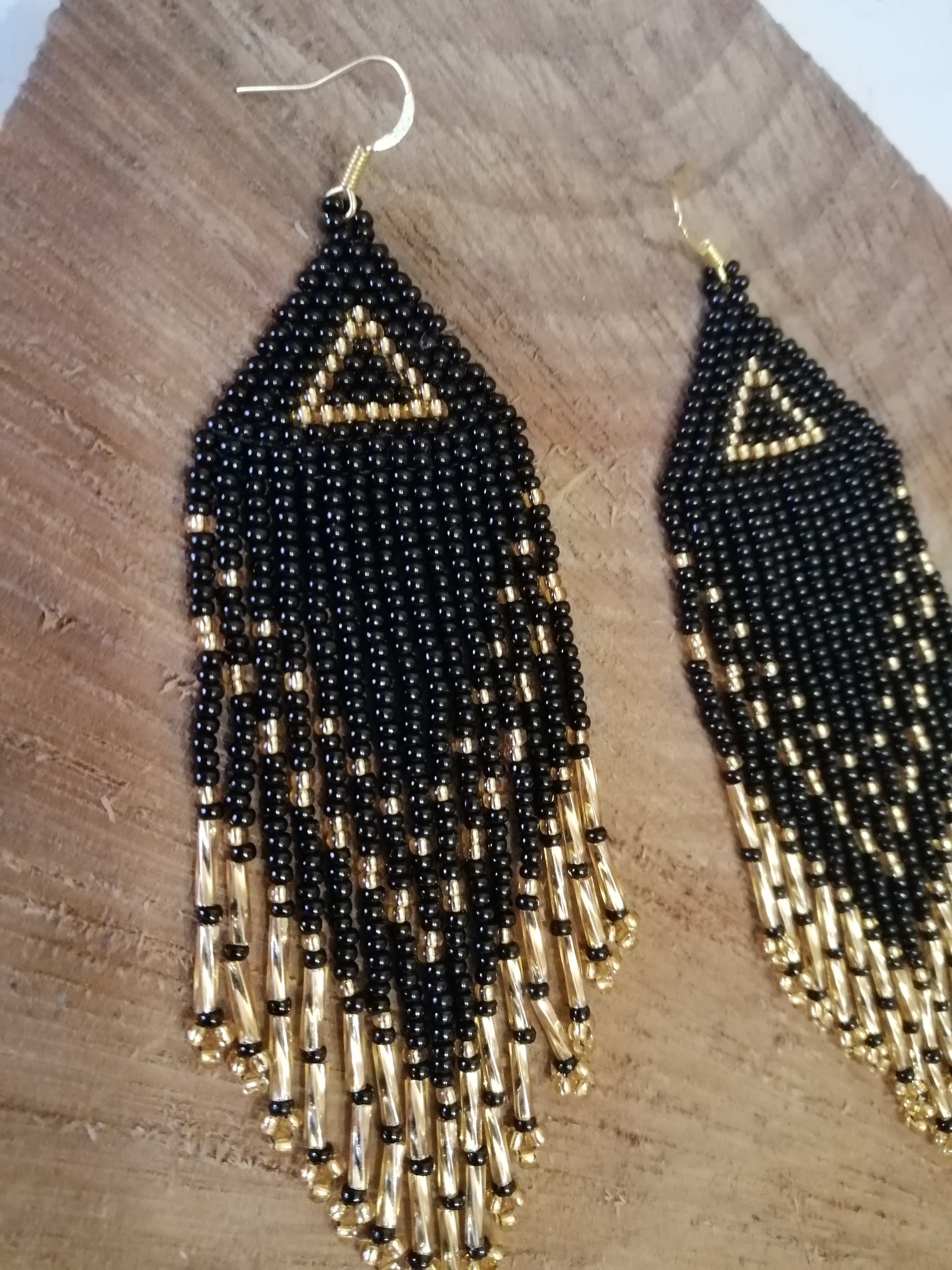 Black and Gold Bead Earrings, Long Seed Gradient, Geometric Earrings ...