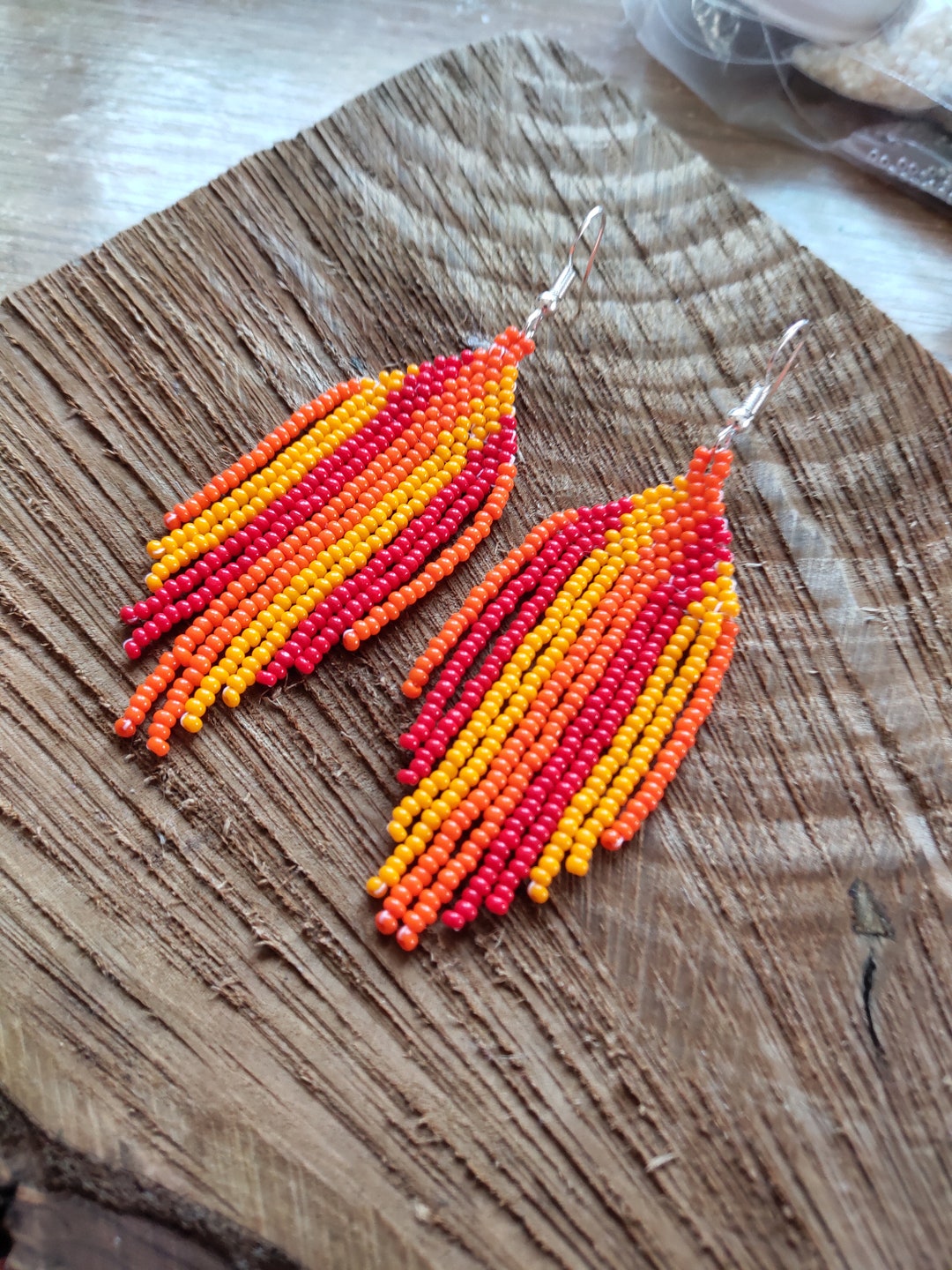 Red and Orange Bead Earrings, Long Seed Earrings, Long Ombre Earrings ...