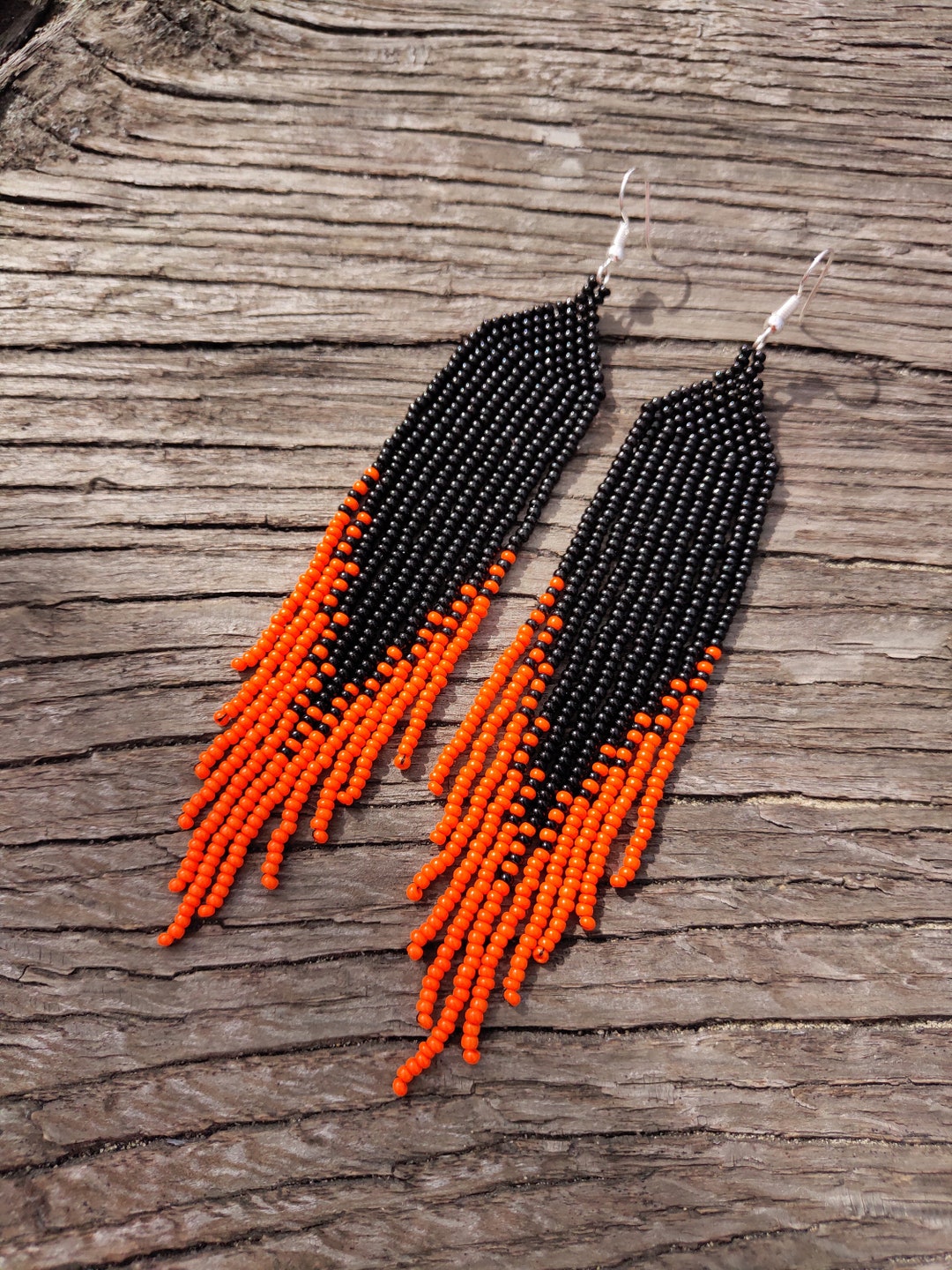 Black and Orange Bead Earrings, Long Seed Earrings, Long Ombre Earrings ...