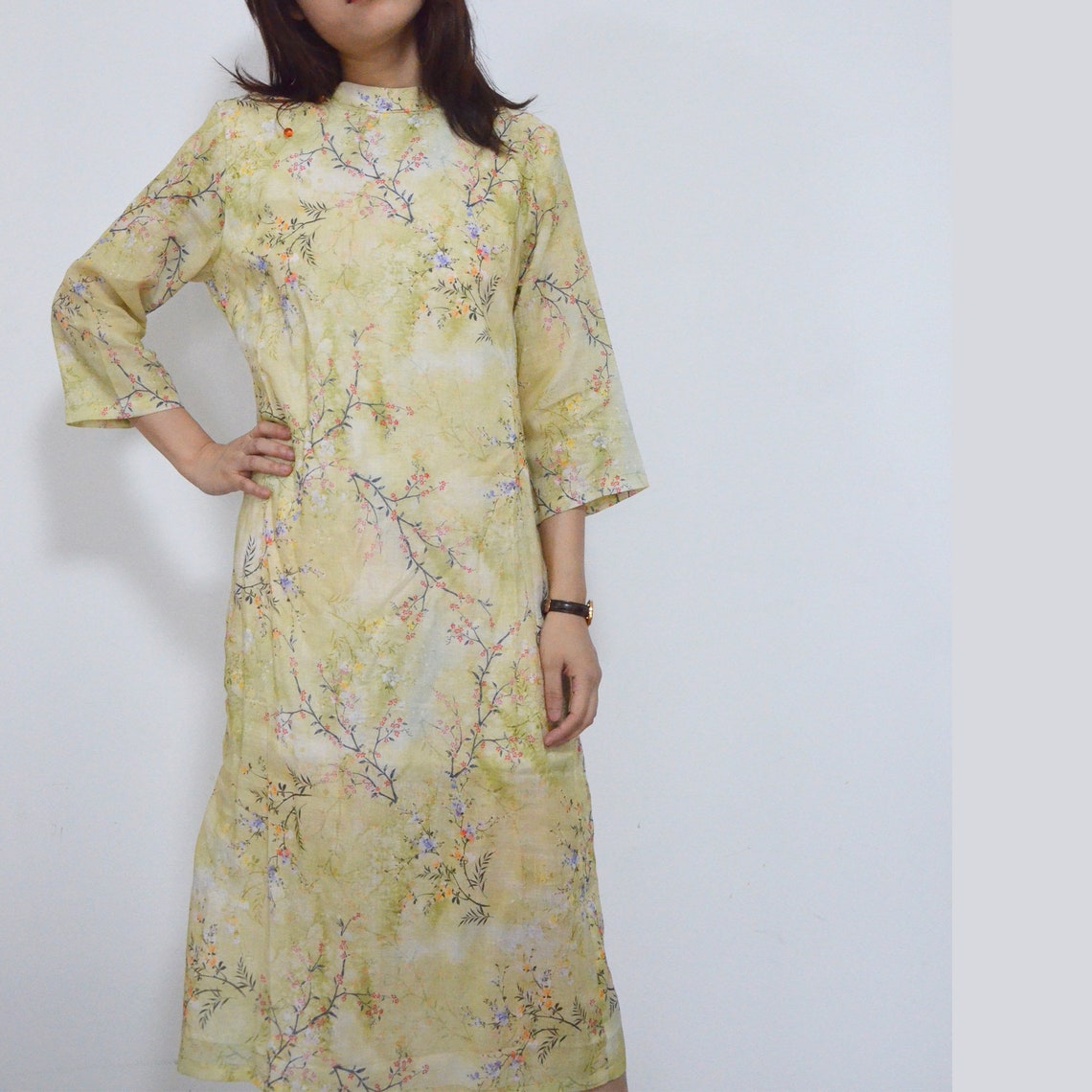 Neza Studio Chinese Modified Qipao Botanic Print Yellow Linen - Etsy