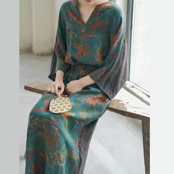 Vintage Prints Cupro Maxi Dress With Belt Kaftan Dress With - Etsy