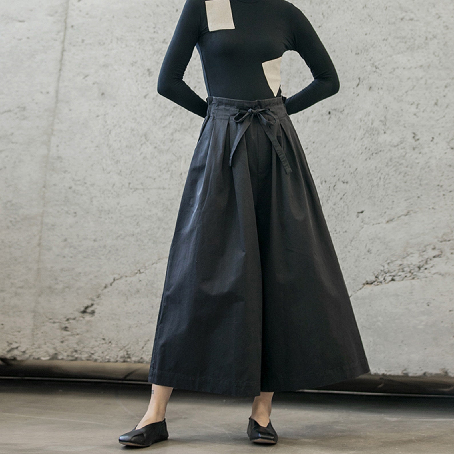 Black Culottes Wide Skrit Pants Black Cotton Elastic Waistband | Etsy