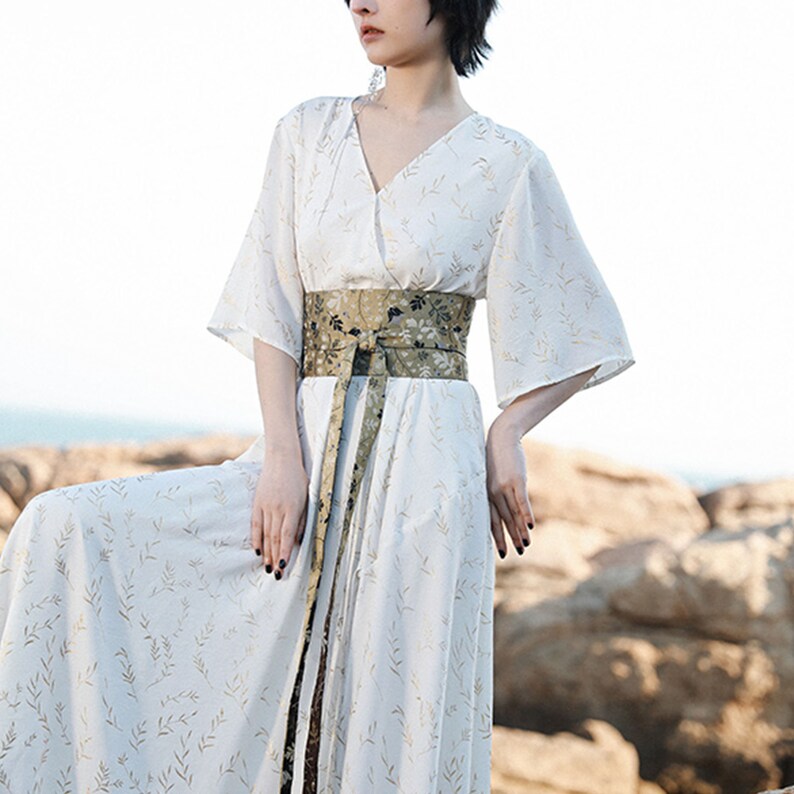 White Maxi Dress With OBI Embroidery Waist Band V Neck Slit | Etsy