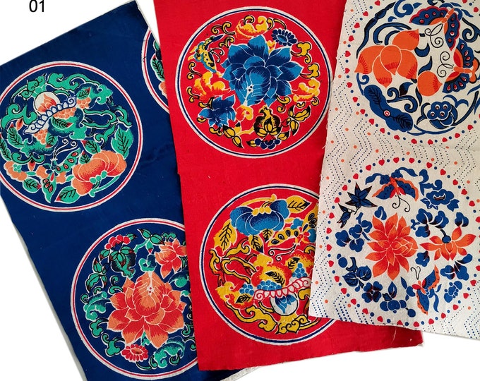 Vintage Chinese Block Print Hand Woven Fabric Abstract Floral Block ...