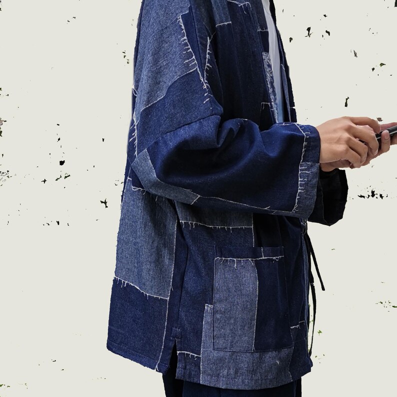 Indigo Blue Patchwork Print Cotton Fabric Kimono Raw Edge - Etsy
