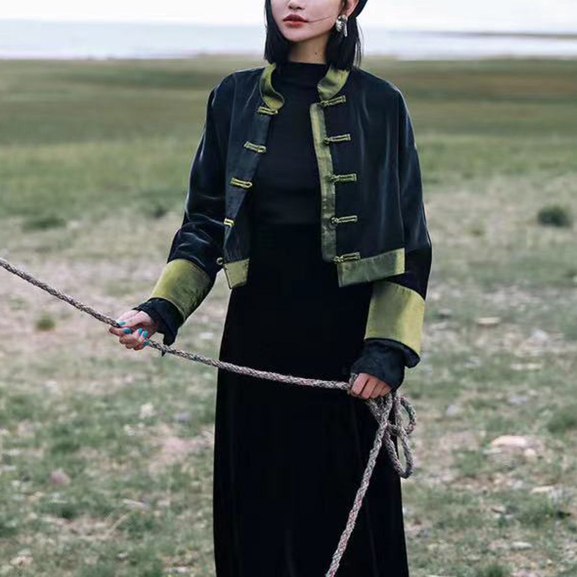 Crop Top Chinese Stand Collar With Tie Knots Top Long Sleeves | Etsy