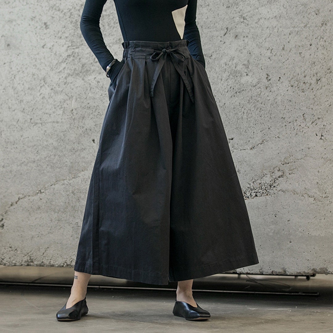 Black Culottes Wide Skrit Pants Black Cotton Elastic Waistband Tie up ...