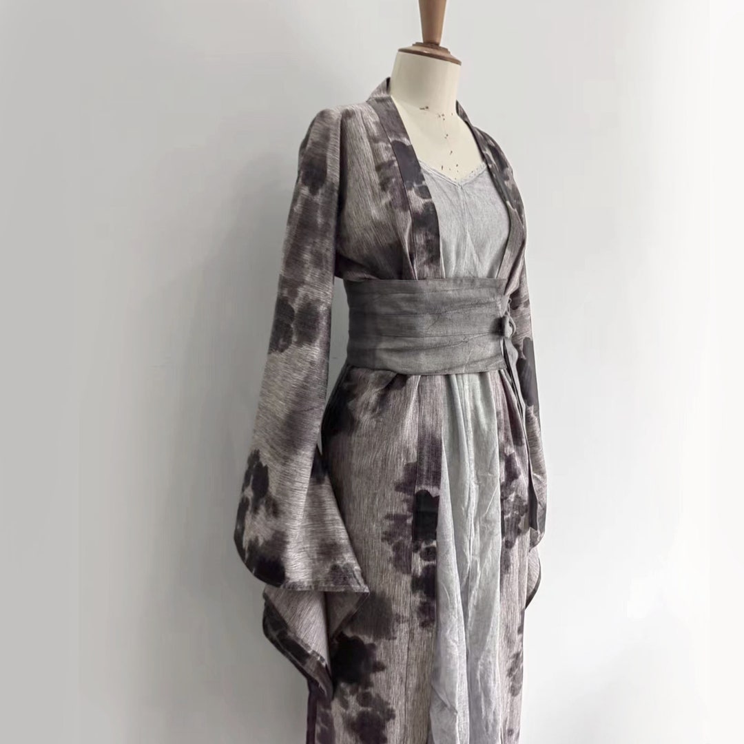 Cotton Hanfu Robe Kimono Robe Black Camisole Dress With OBI Belt 3 Pcs ...