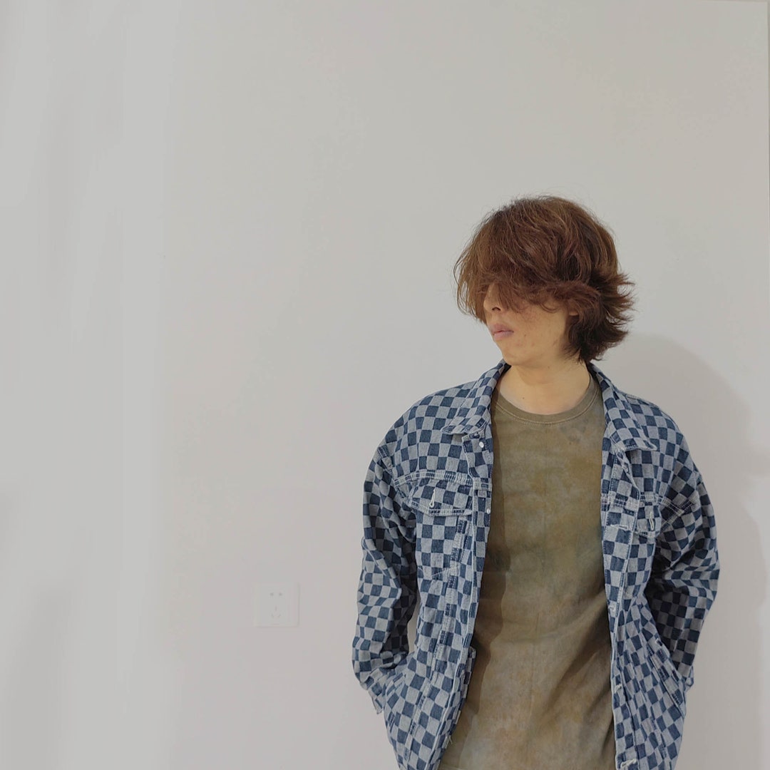 Buy Denim Jacket Check Motif Denim Jacket Check Jacquard Denim Jacket ...