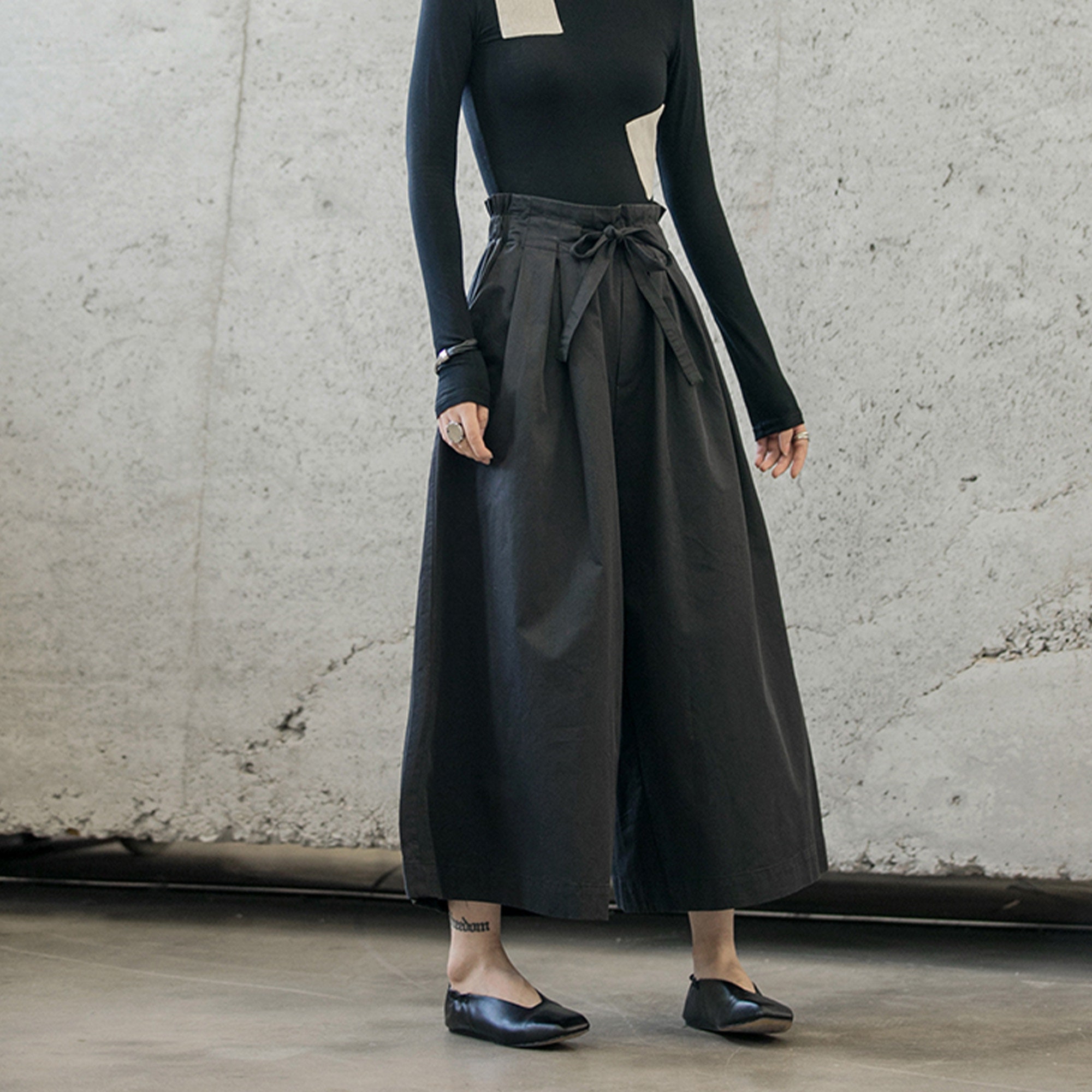 Black Culottes Wide Skrit Pants Black Cotton Elastic Waistband | Etsy