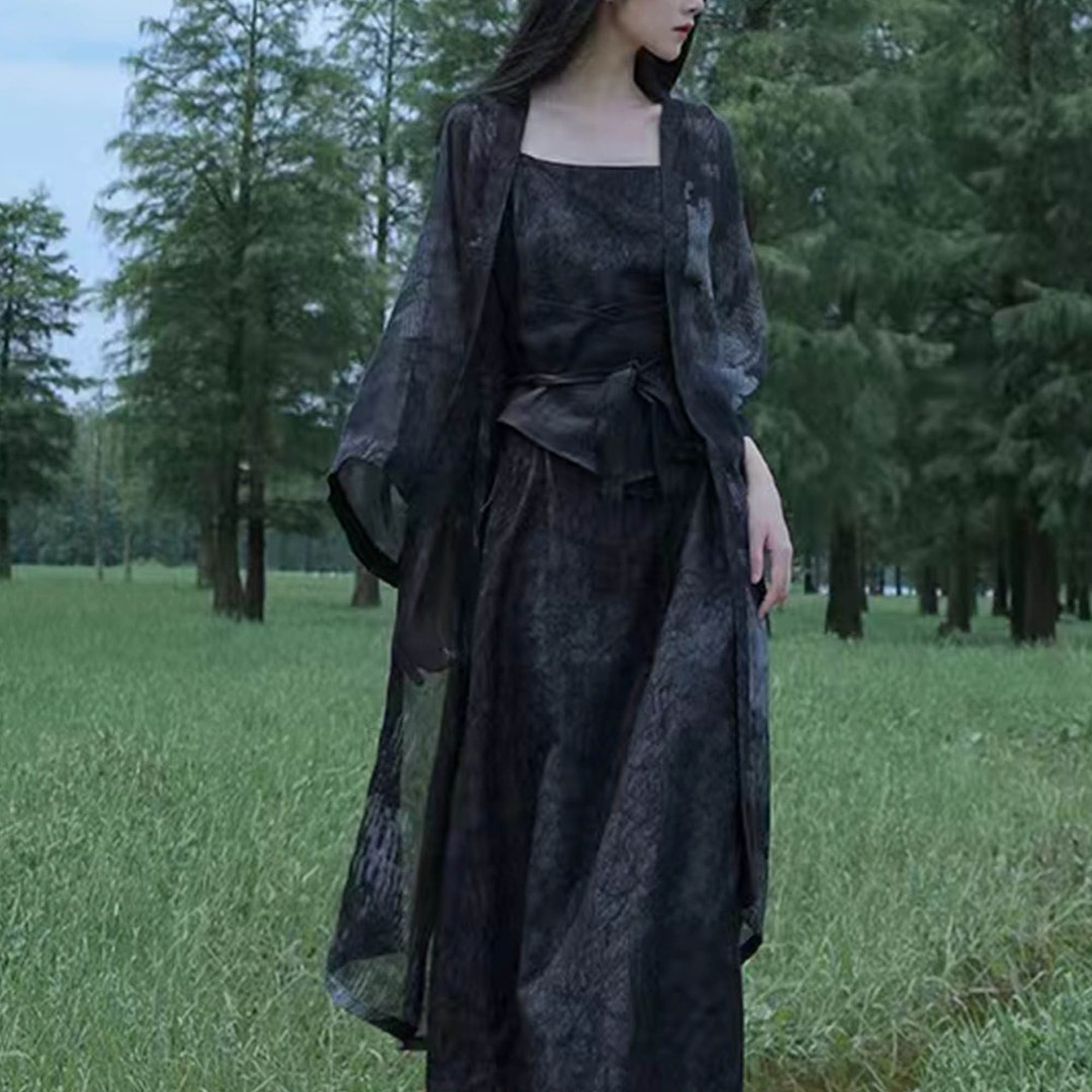 Linen Cotton Loose Cardigan Hanfu Top Layer Water Color Motif Prints ...