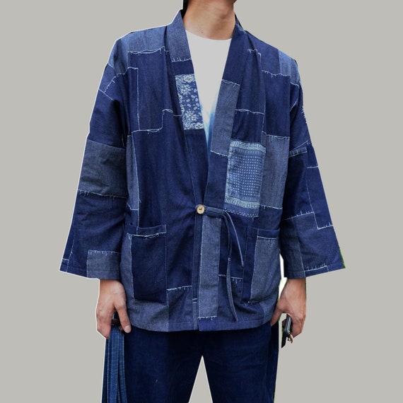 Indigo Blue Patchwork Print Cotton Fabric Kimono Raw Edge - Etsy