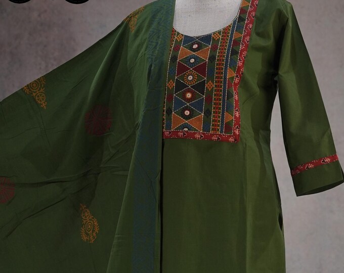 Green Cotton Embroidered Ajrakh Patching Kurta Palazzo Hand-block ...