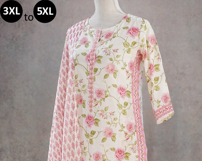 Plus Size Pure Cotton White Pink Floral Kurti Pants Dupatta Summer ...