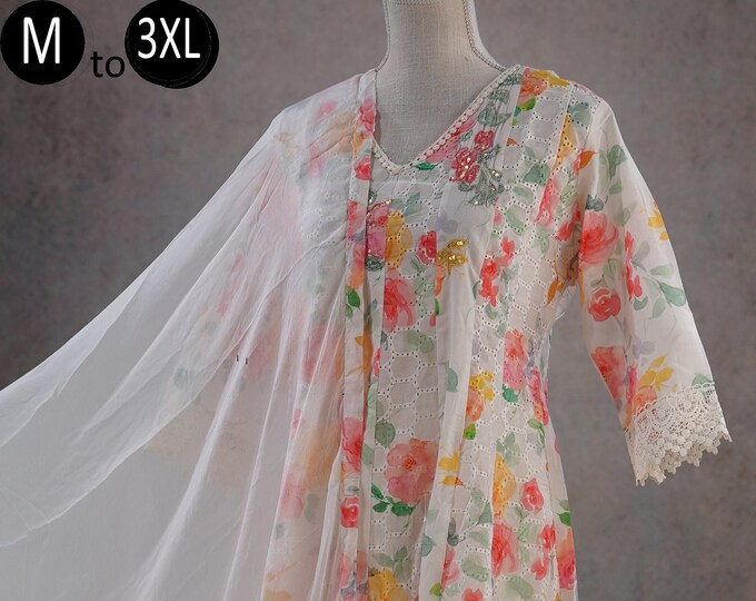White Floral Pure Cotton Schiffli Chikankari Kali Print Kurti Palazzo ...