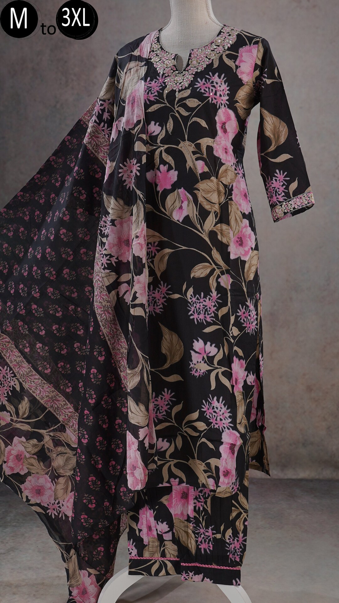 Pure Cotton Black Floral Print Pockets Kurti Afghan Pants Dupatta ...