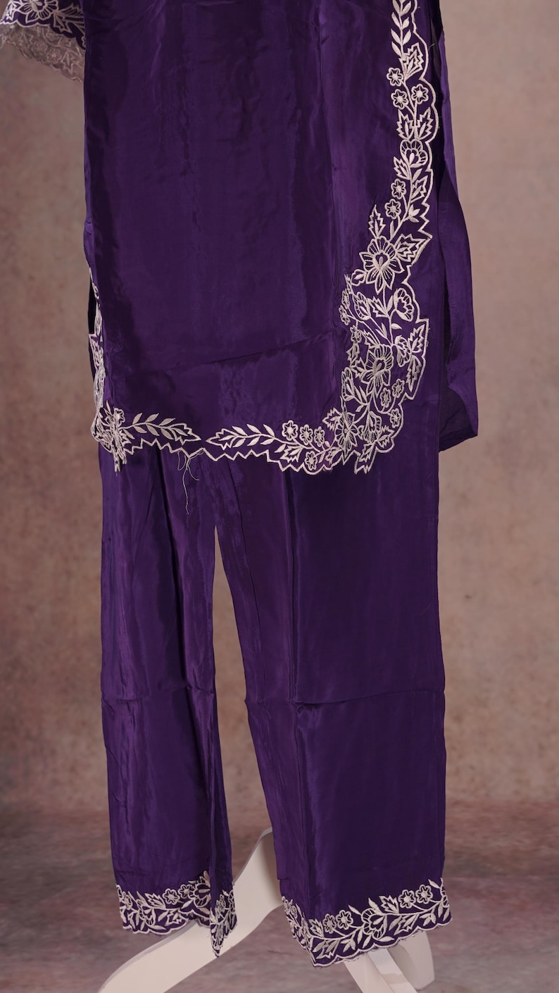 Natural Crepe Silk Royal Purple Embroidered Collar Coords Kurta Palazzo ...