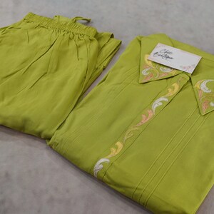 Parrot Green Premium Rayon Collared Coords Embroidered Kurta Palazzo ...