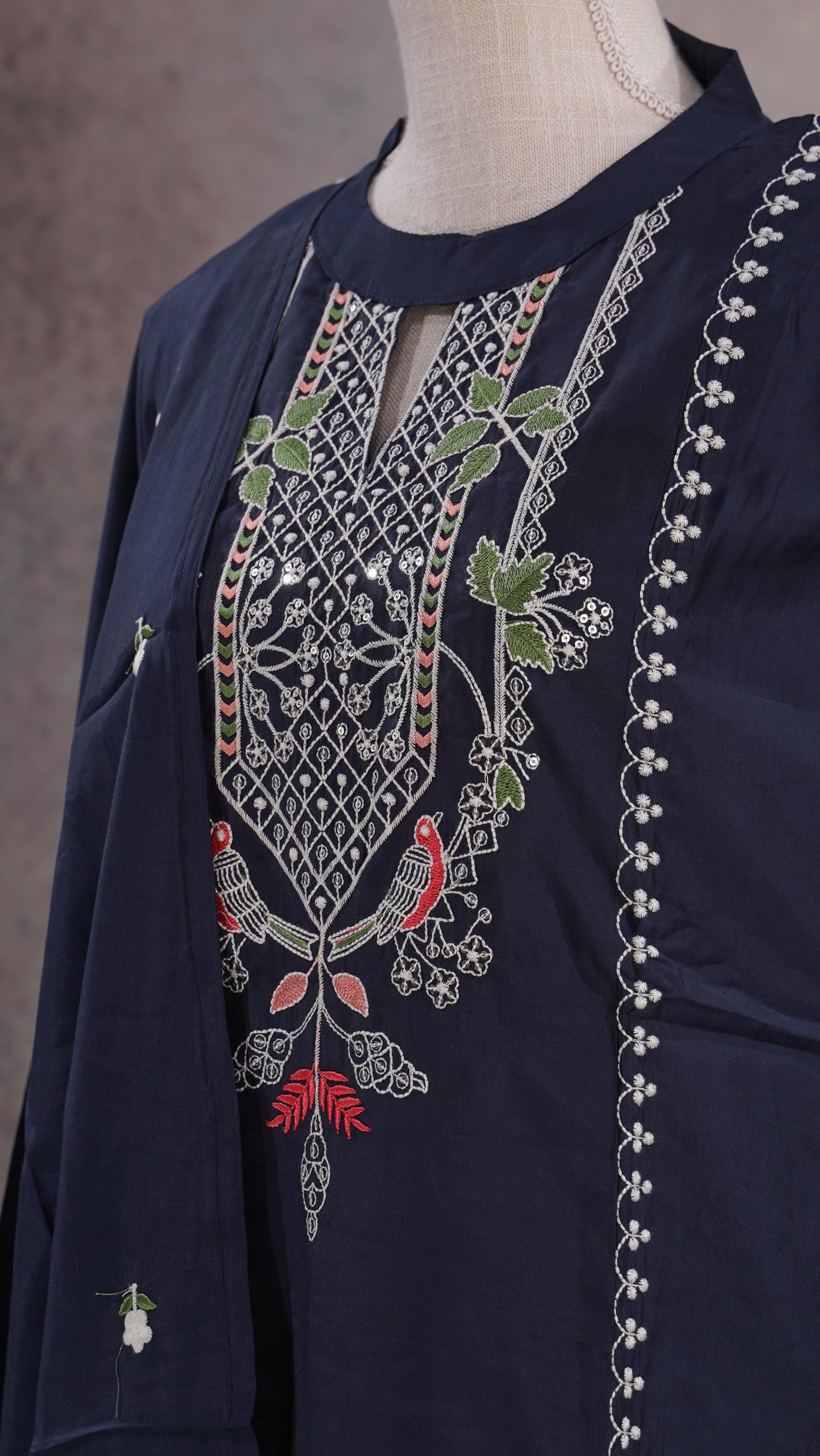 Sleeveless Roman Silk Midnight Blue Embroidered Kurti Palazzo Dupatta ...