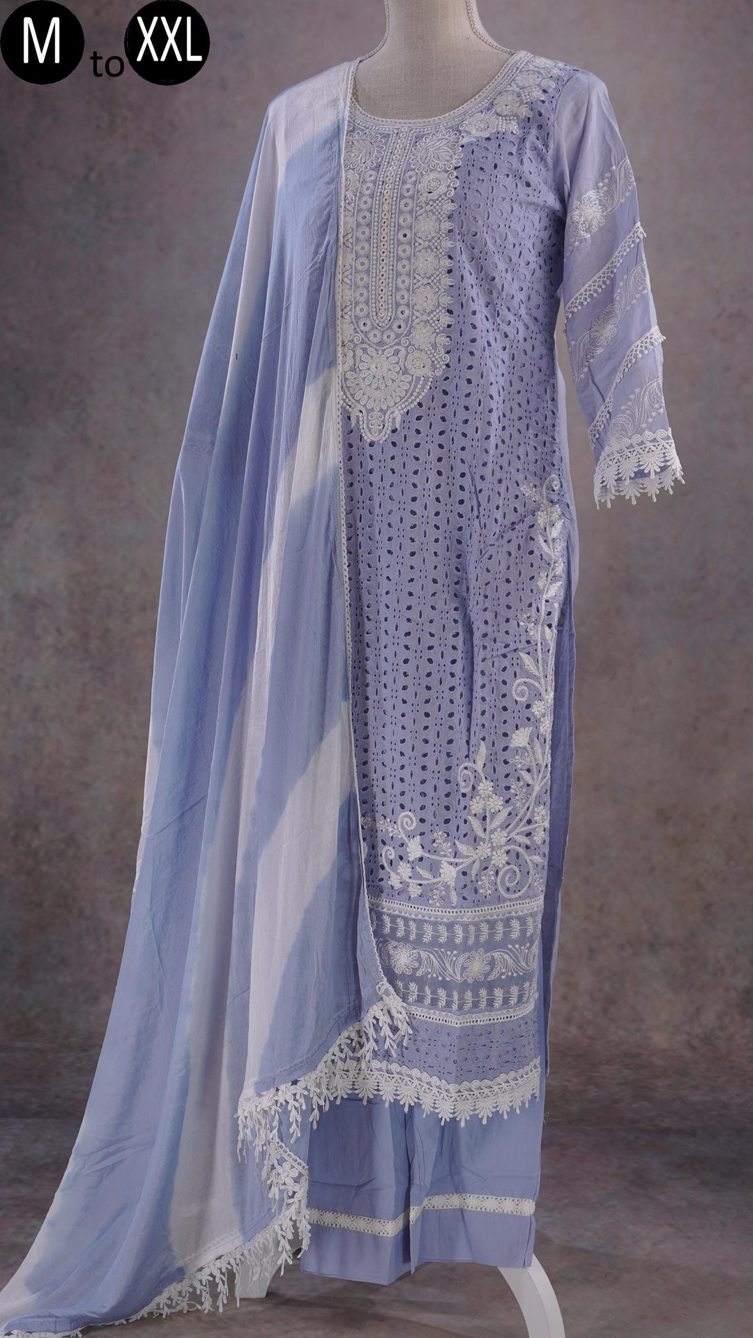 Pure Cotton Powder Blue Schiffli Cotton Eyelet Kurta Palazzo Dupatta ...