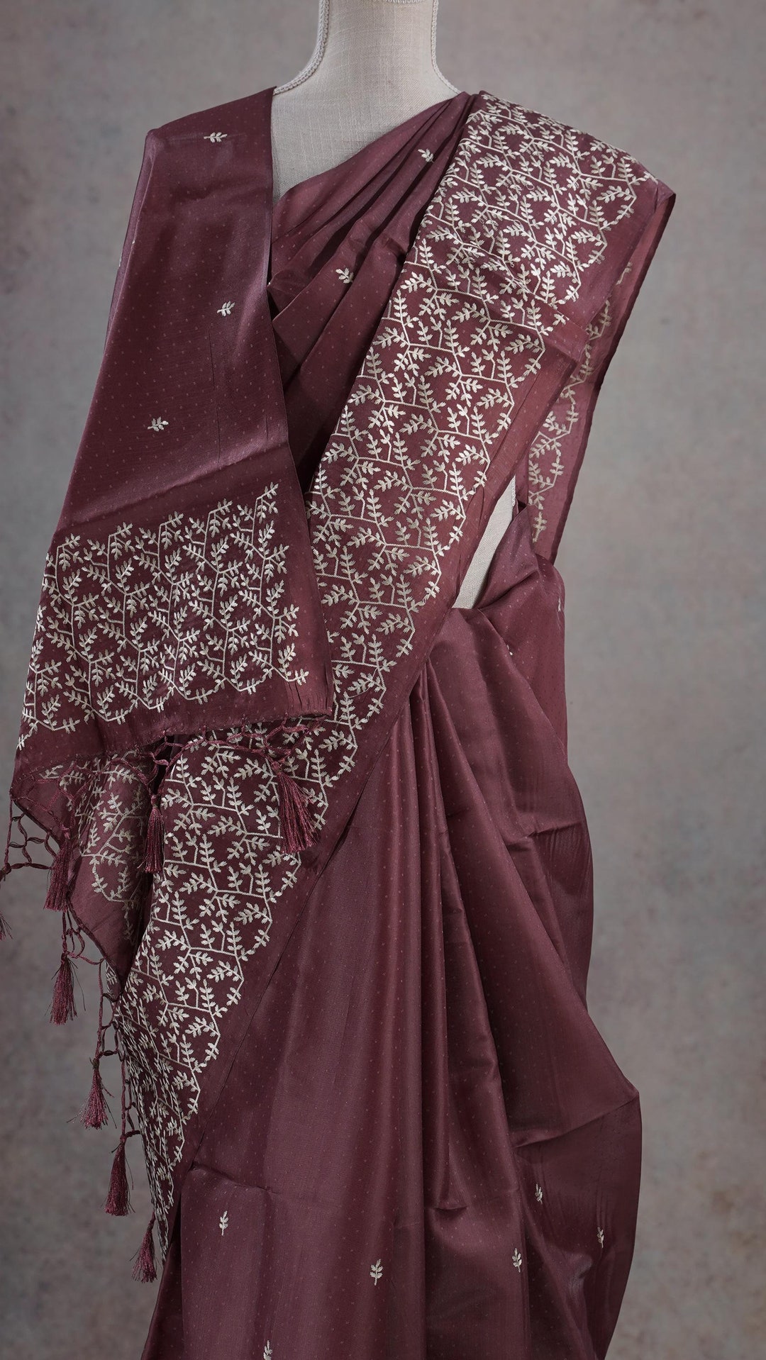Dark Mauve White Embroidered Semi Tassar Self Print Saree Border Saree ...