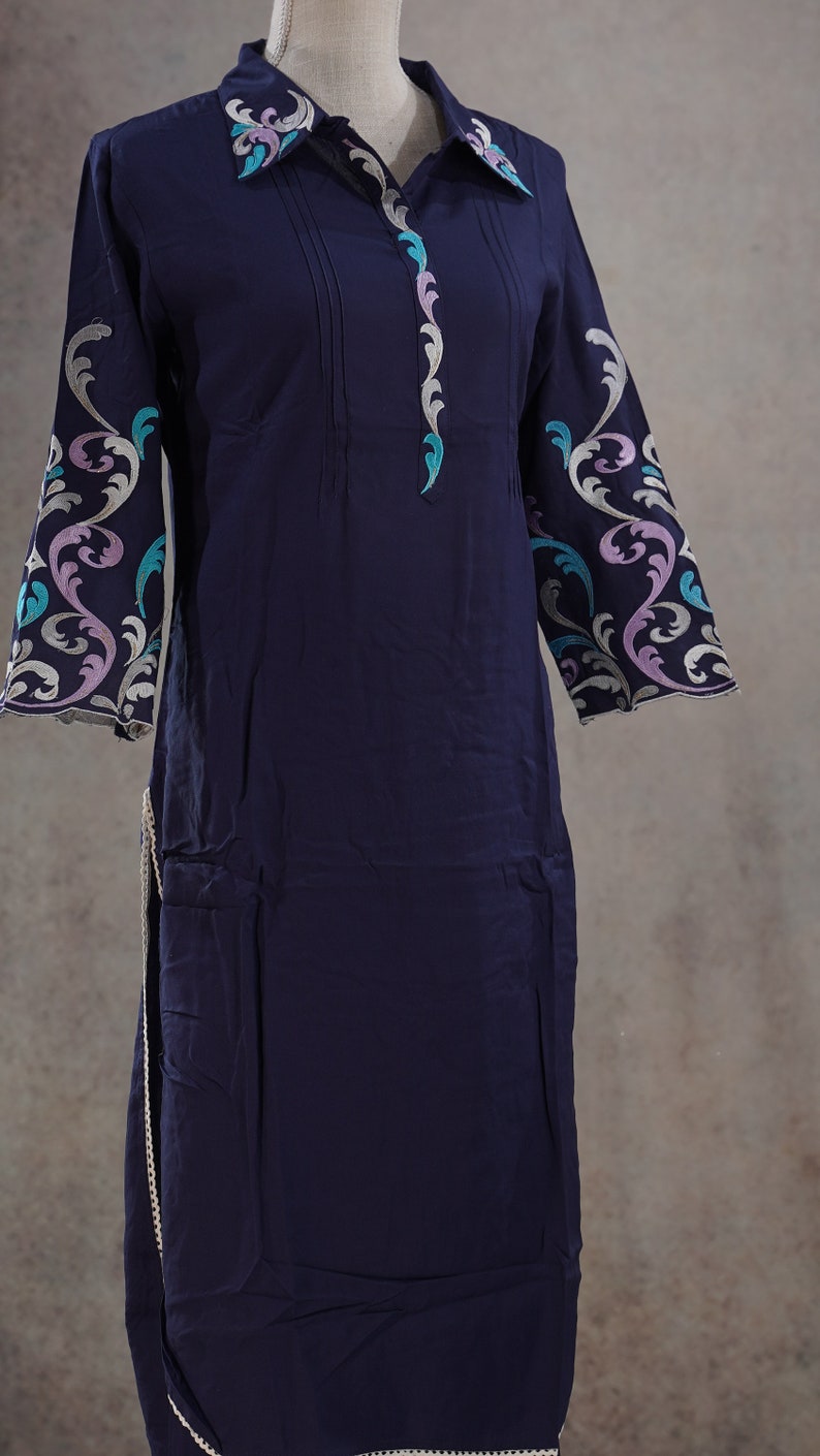 Dark Blue Premium Rayon Collared Coords Embroidered Kurta Palazzo Set ...