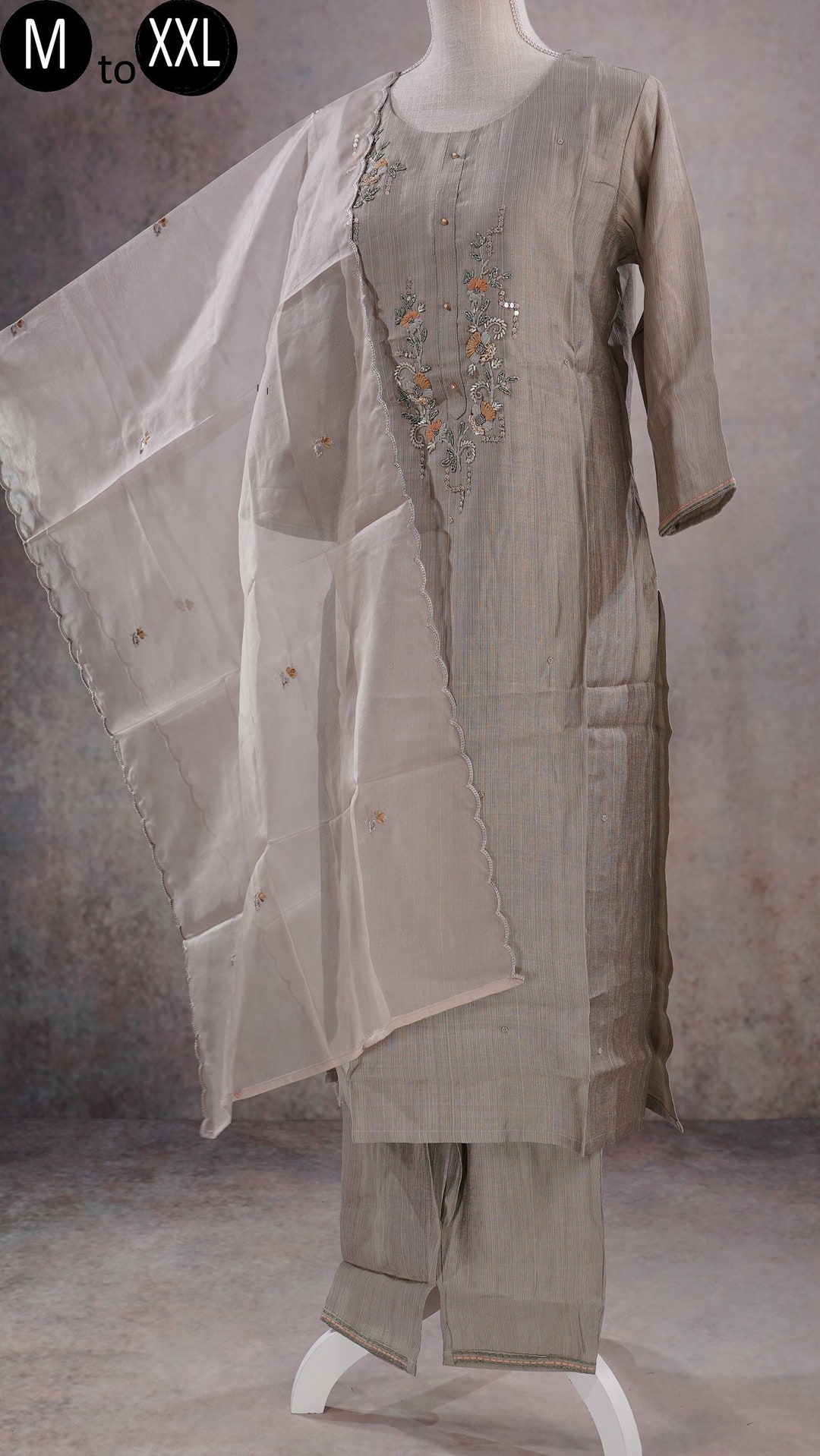 Chinon Ash Gray Kurti Palazzo Dupatta Set |indian Ethnic Women Festive ...