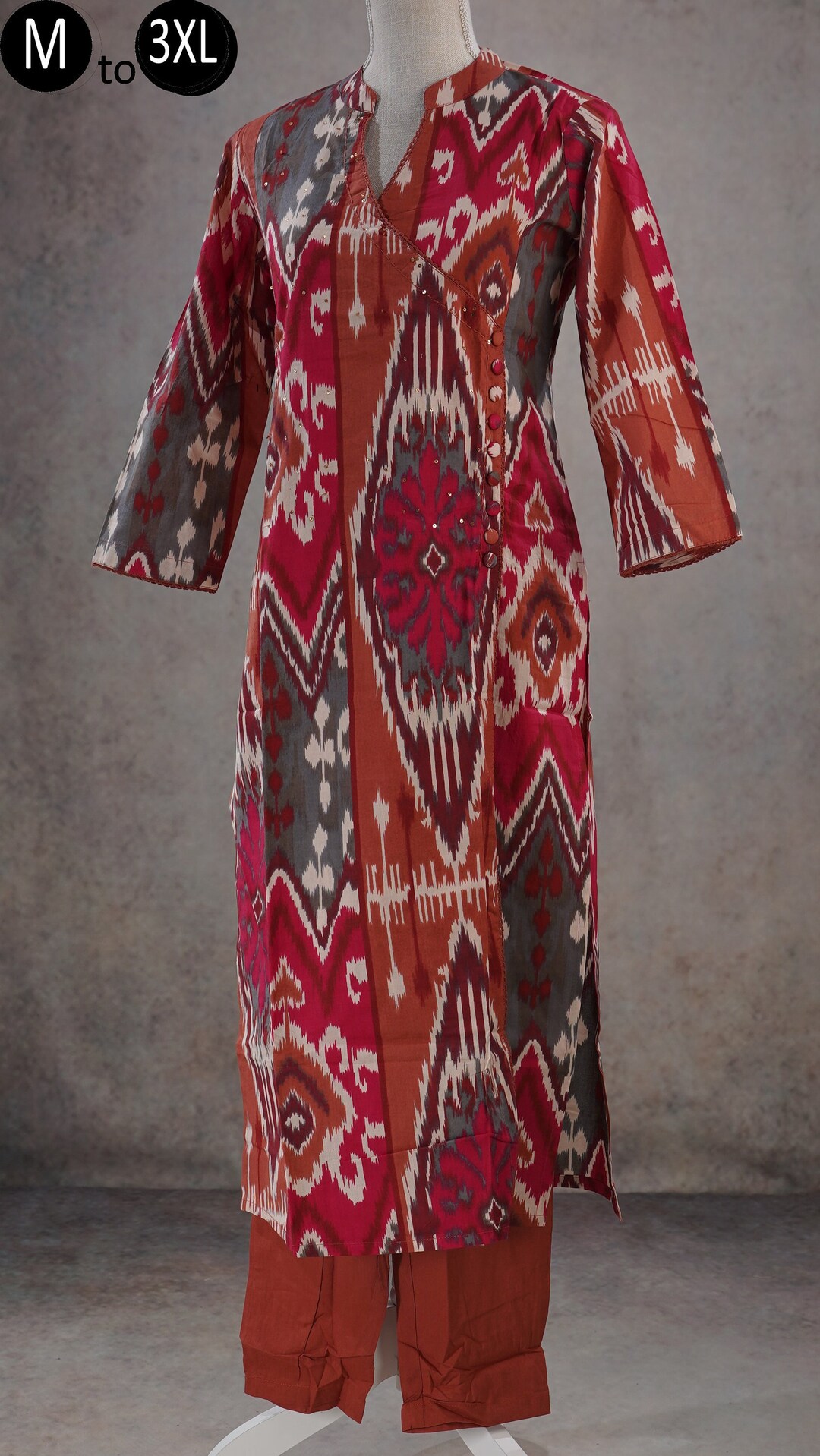 Pure Cotton Red, Brown Ikkat Print Angrakha Kurta Palazzo Indian Ethnic ...