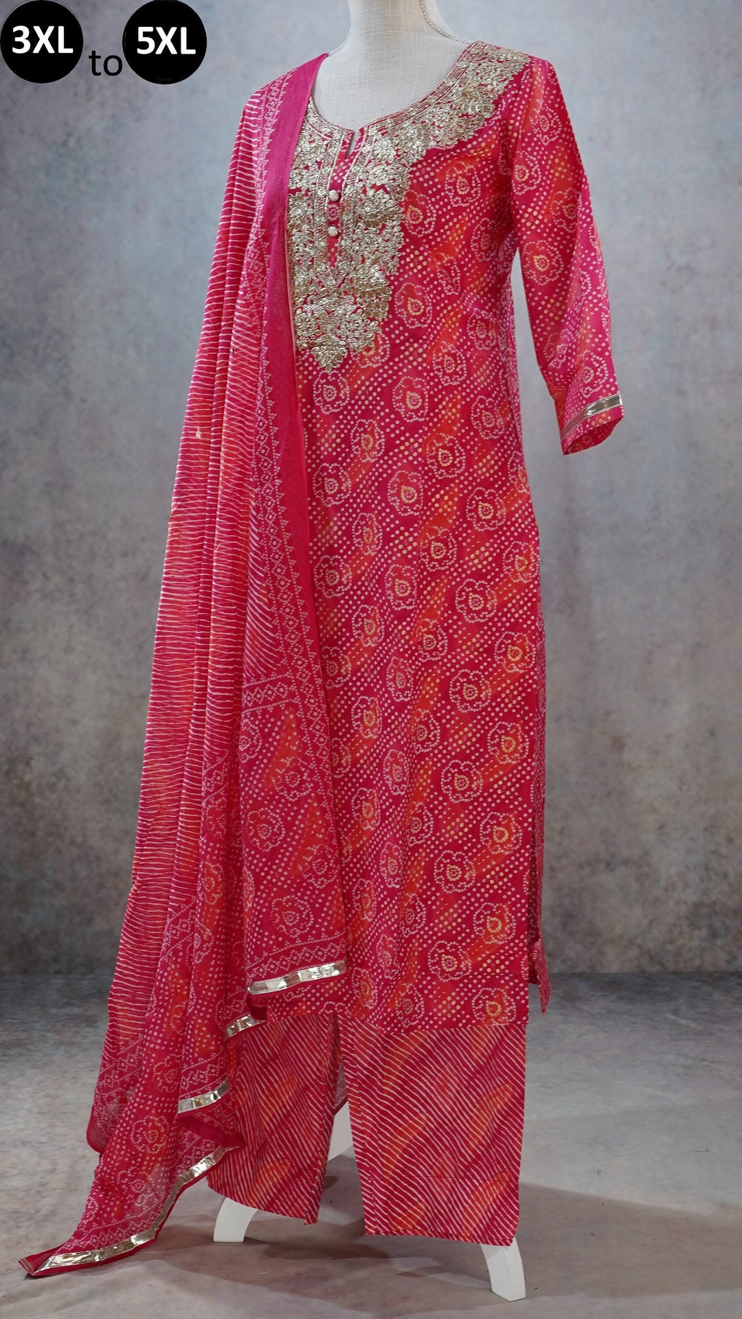 Plus Size Pure Cotton Rani Pink Bandhini Bandhej Print Embroidered ...