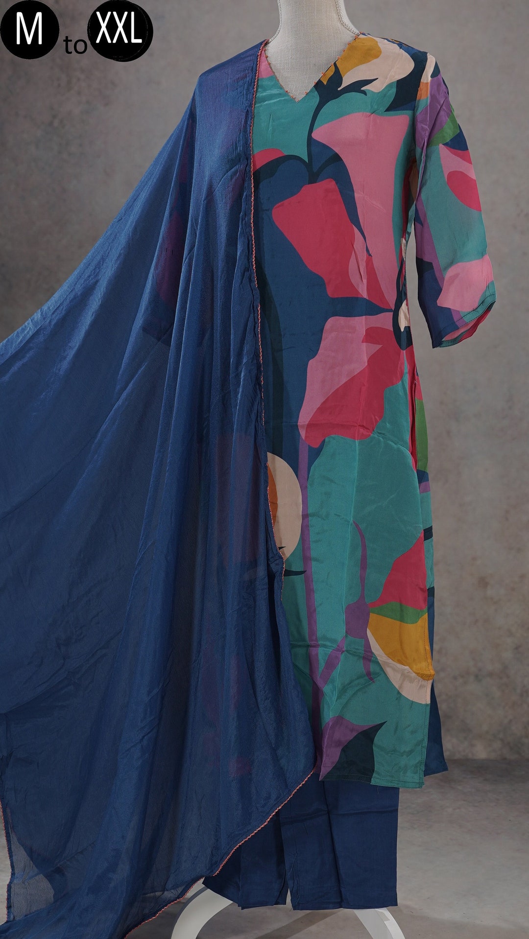 Designer Dark Blue Natural Crepe Digital Print Kurta Palazzo Dupatta ...
