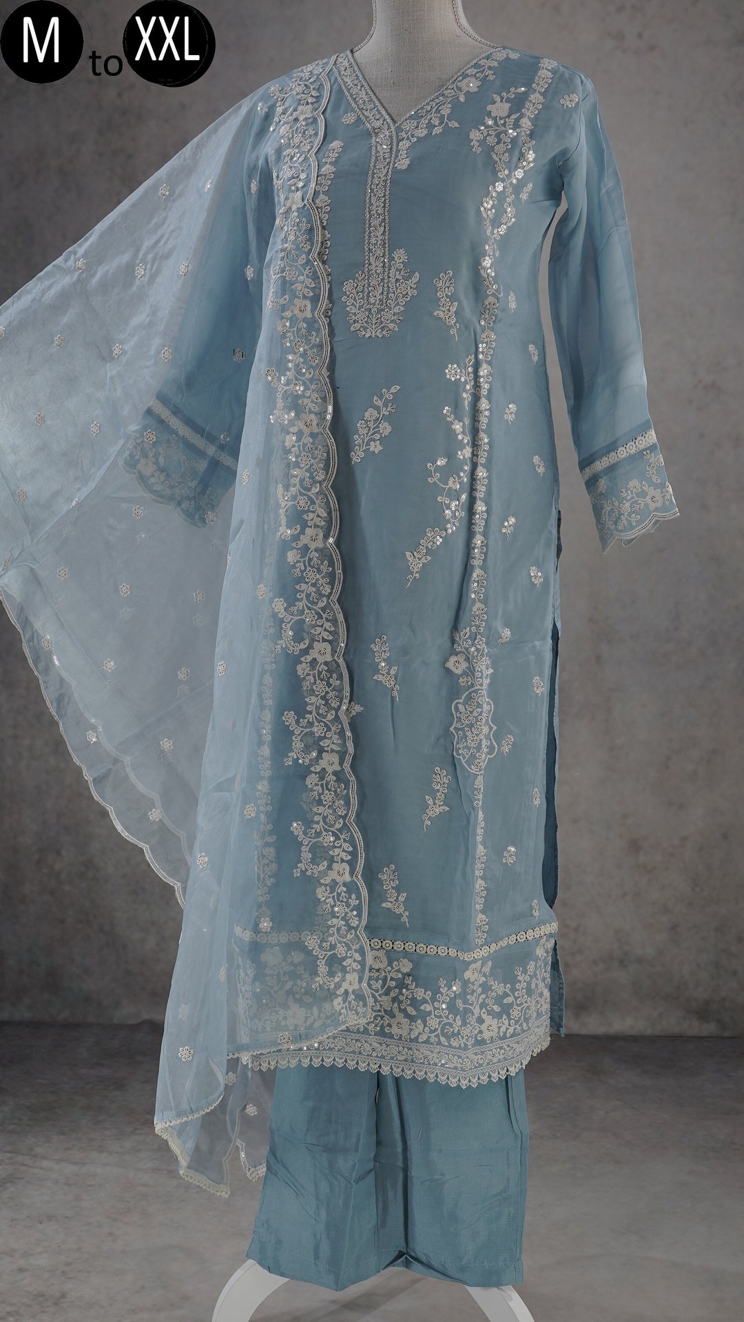 Pure Organza Powder Blue Chikankari Kurti Palazzo Dupatta Set Indian ...