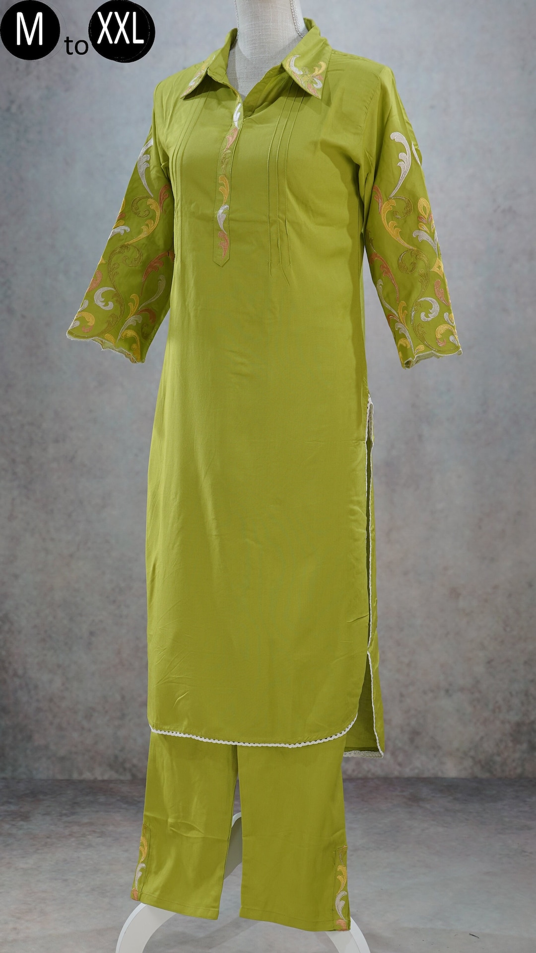 Parrot Green Premium Rayon Collared Coords Embroidered Kurta Palazzo ...