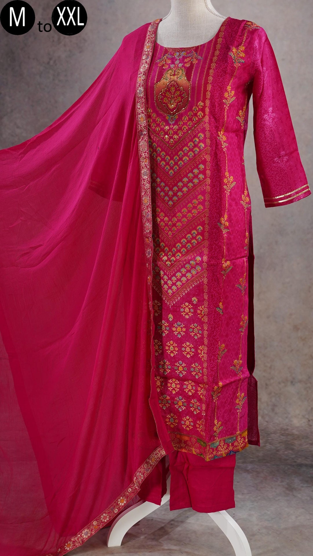 Silk Jacquard Bright Rani Pink Russian Silk Jacquard Embroidered Kurti ...