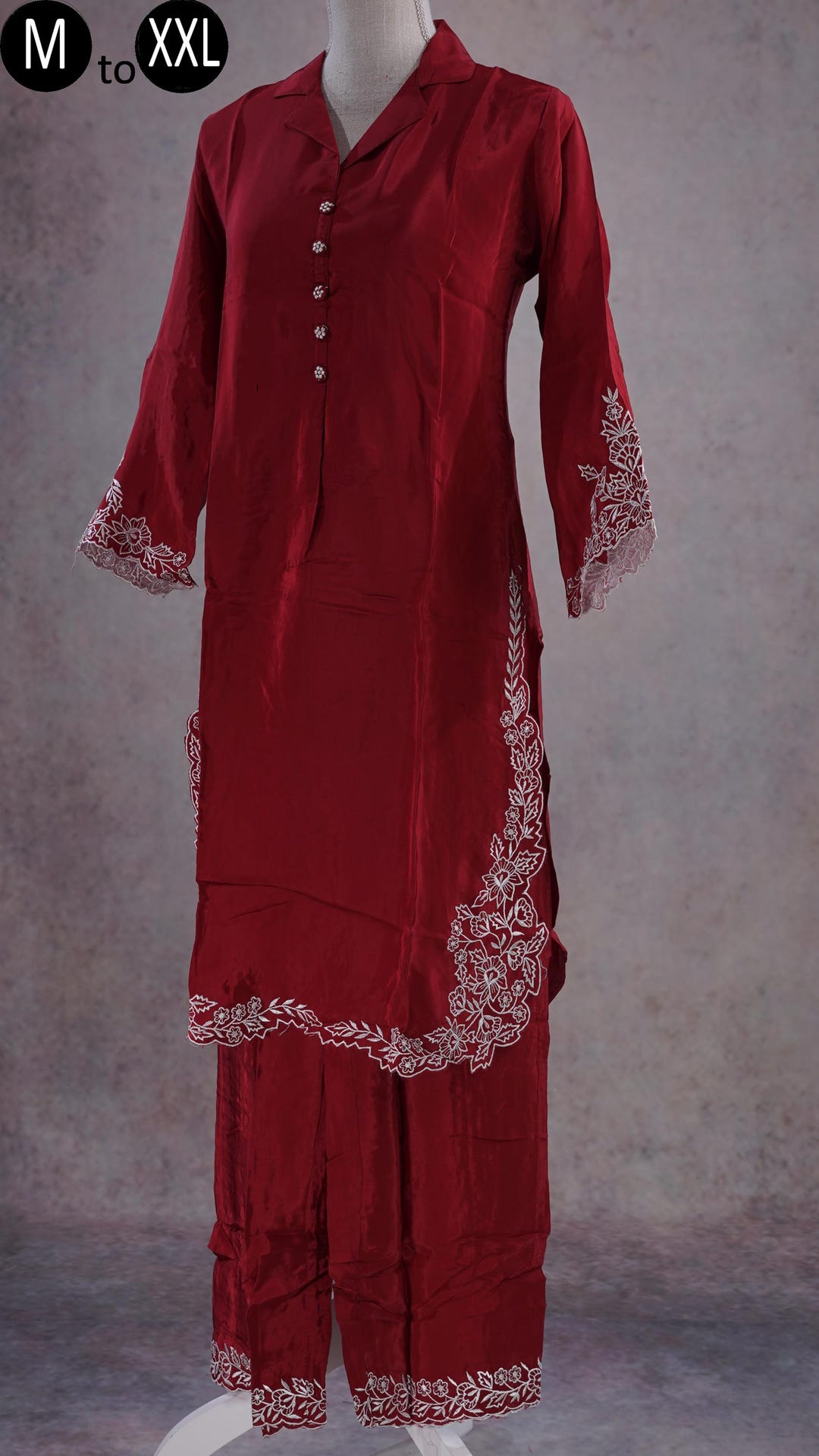 Natural Crepe Silk Rust Red Embroidered Collar Coords Kurta Palazzo ...