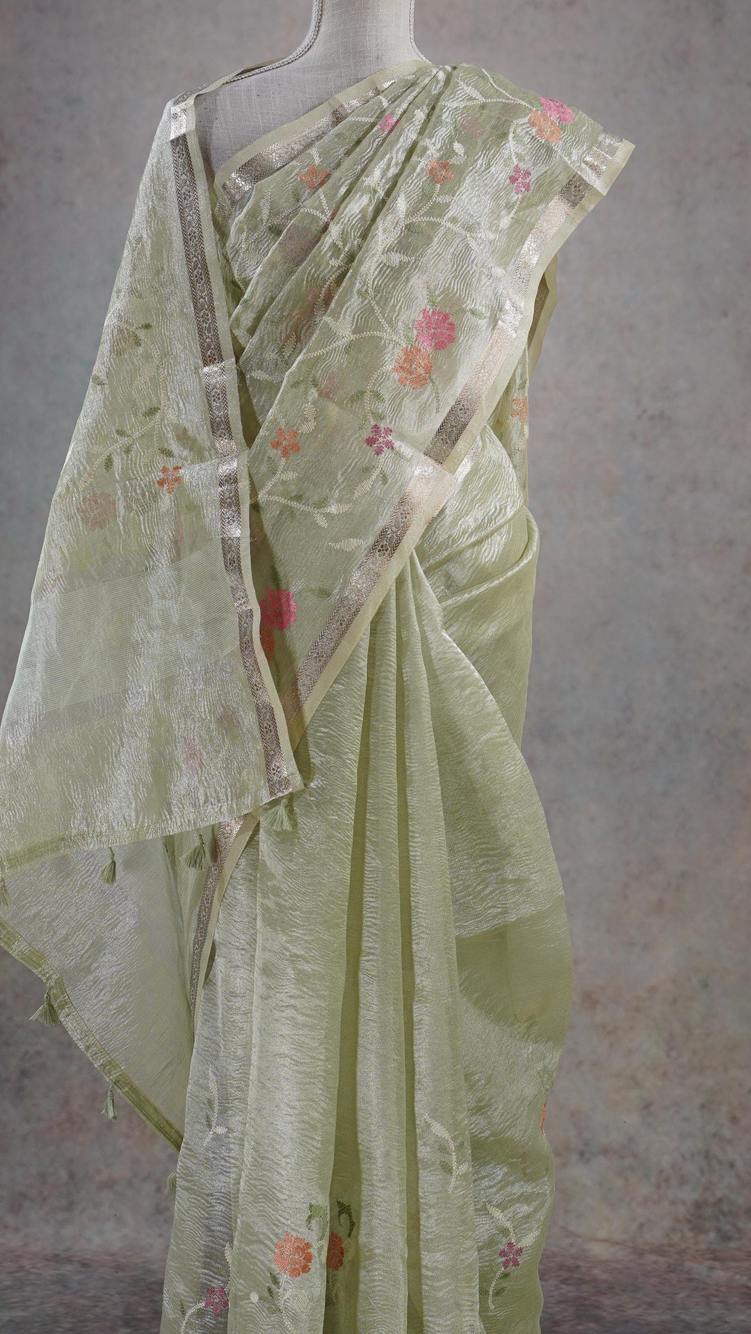 Light Sage Green Crushed Tissue Saree Zari Border Embroidered Saree ...