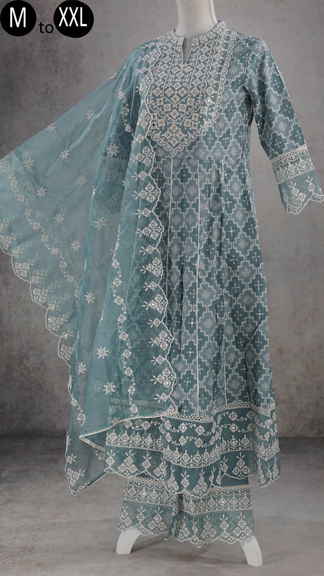 Powder Blue Chikankari Pure Cotton Anarkali Jaipuri Print Kurta Palazzo ...