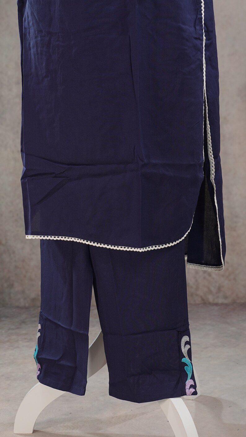 Dark Blue Premium Rayon Collared Coords Embroidered Kurta Palazzo Set ...