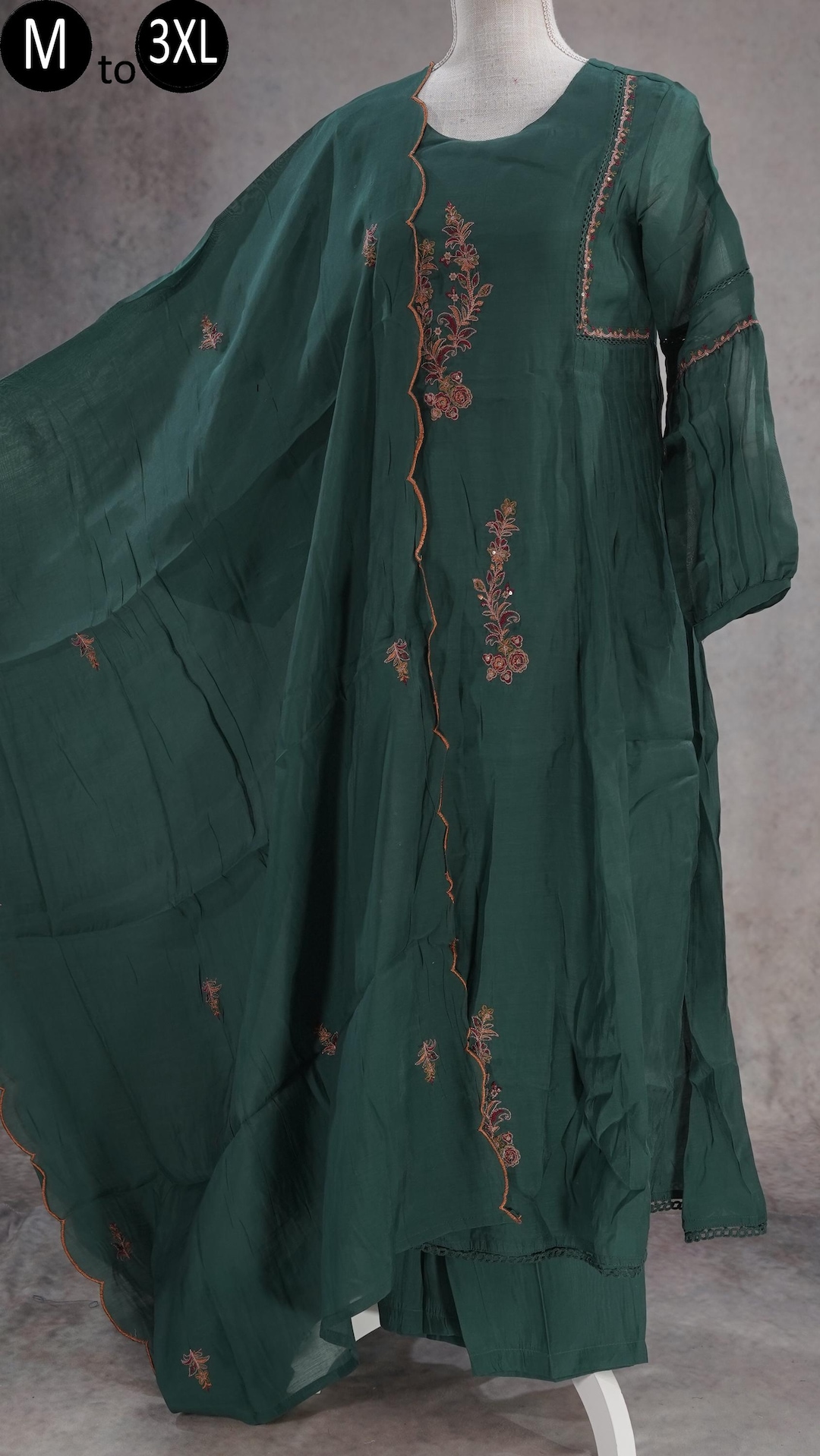 Mul Chanderi A-line Powder Green Embroidered Festive Kurti Palazzo ...