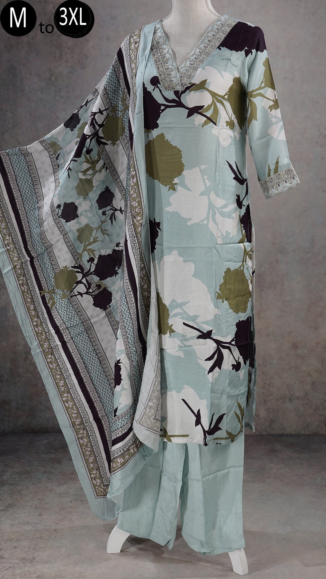 Pure Muslin Light Blue Printed Kurti Palazzo Dupatta Set indian Ethnic ...