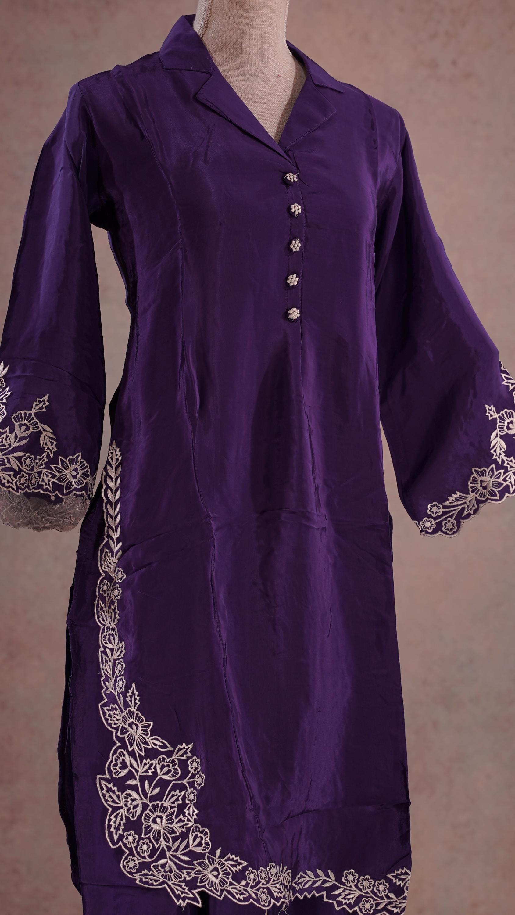 Natural Crepe Silk Royal Purple Embroidered Collar Coords Kurta Palazzo ...