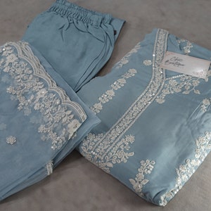 Pure Organza Powder Blue Chikankari Kurti Palazzo Dupatta Set Indian ...