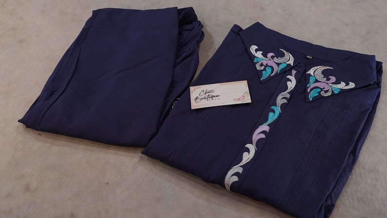 Dark Blue Premium Rayon Collared Coords Embroidered Kurta Palazzo Set ...